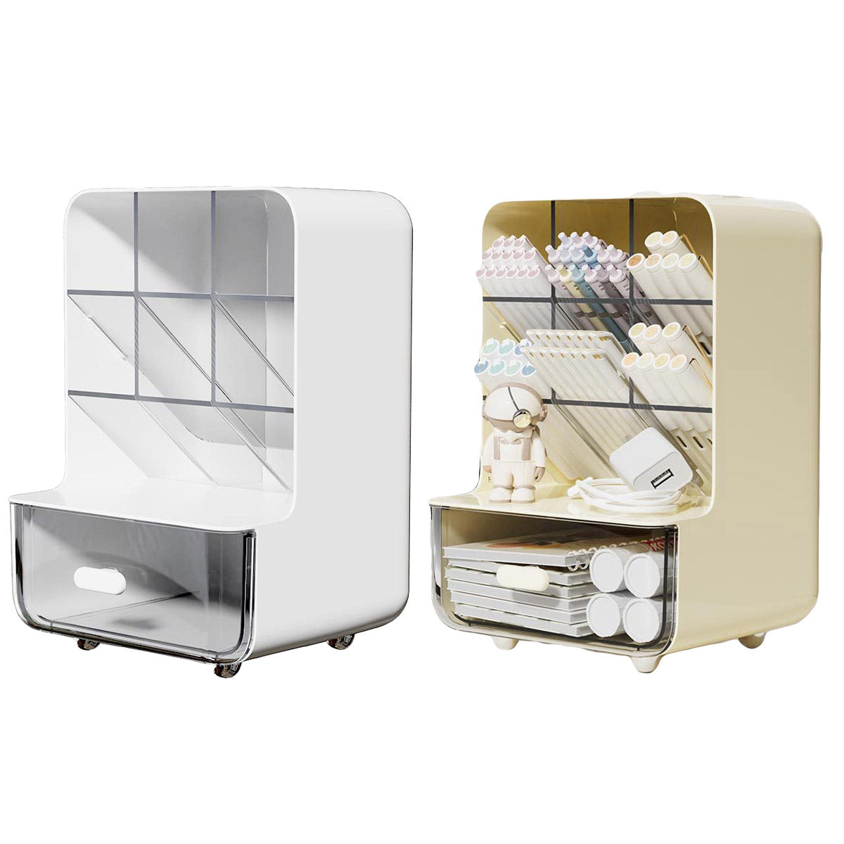 Oblique Pen Holder with Drawer, PP Desk Organiser in White or Beige ...